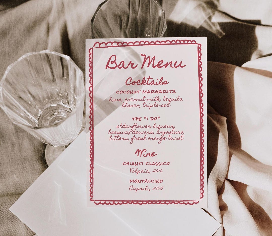 Simple Bar Menu Template for Italian Wedding Theme, Hand Drawn Cocktail ...