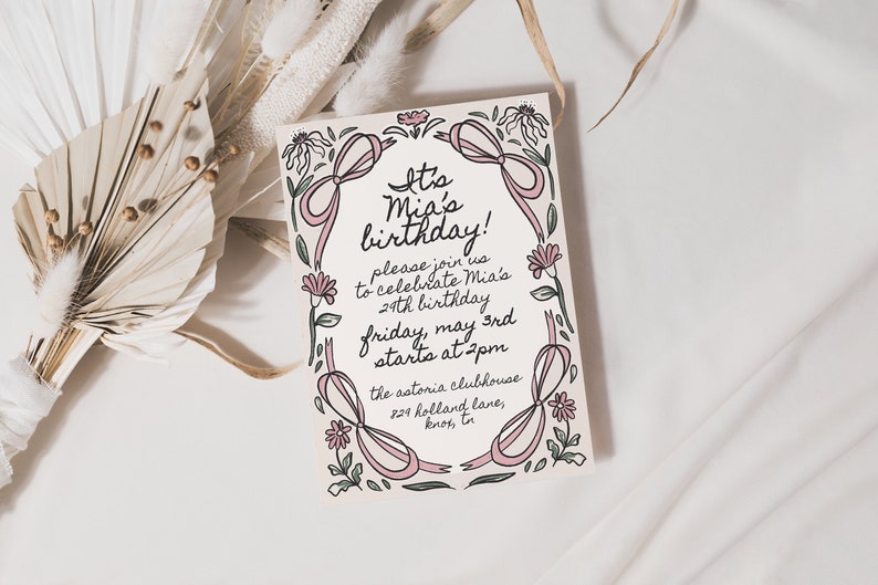 Pink and Green Birthday Party Invitation Template With Hand Drawn ...