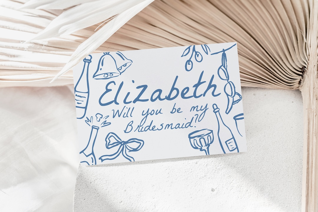 Blue Bridesmaid Proposal Card Template With Hand Drawn Doodles ...