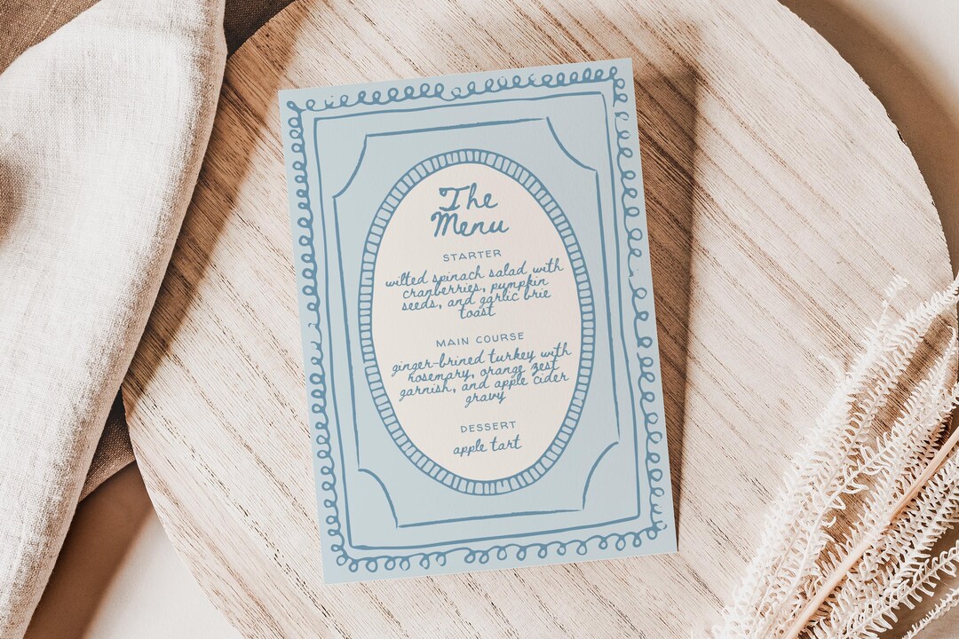 Light Blue Menu Template for Coastal Wedding Theme, Hand Drawn Spring ...