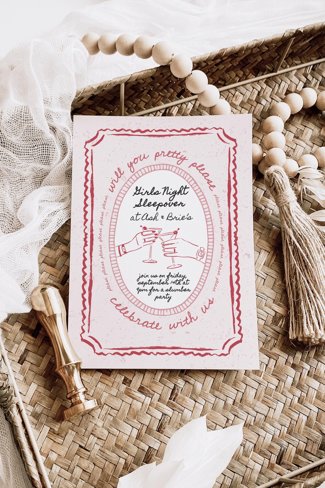 Girls Night Birthday Party Invitation Template, Retro Red Pink ...