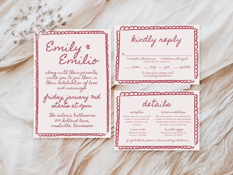 Wedding Invitation Suite Template Set With Red Scalloped Border ...