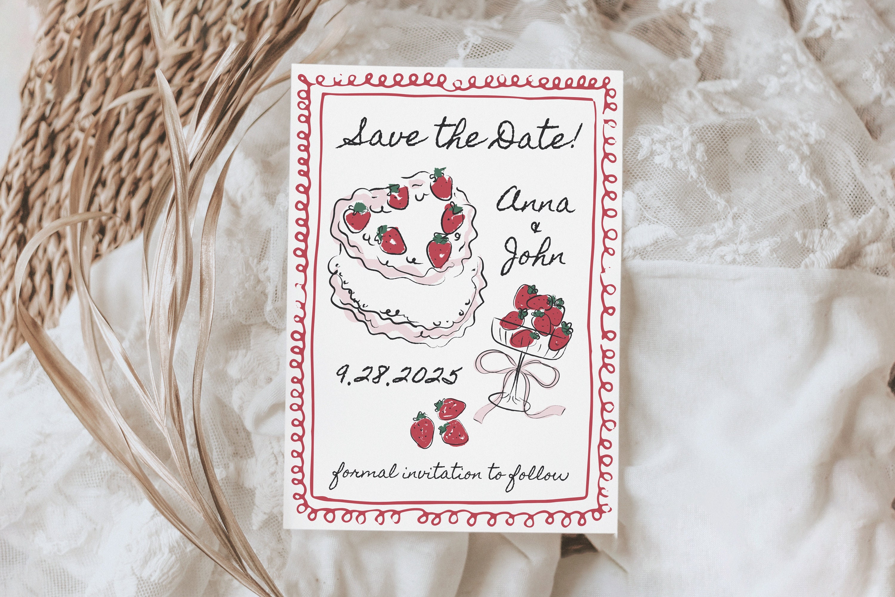 Strawberry Cake Save the Date Card: Hand-drawn, Editable Canva Template ...