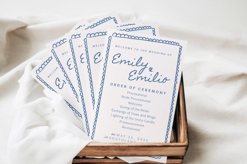Wedding Program Template: Hand-drawn Coastal Blue - Folded Canva Design ...