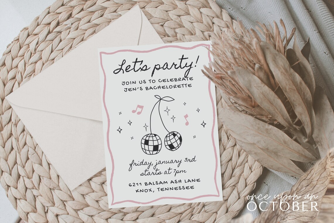 Disco Ball Cherry Bachelorette Invite, Editable Hen Party Template ...