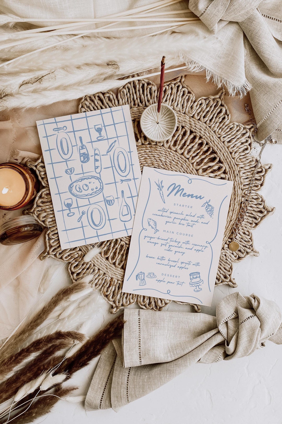 Menu Template for Coastal Wedding Theme, Hand Drawn Dinner Party Menu ...