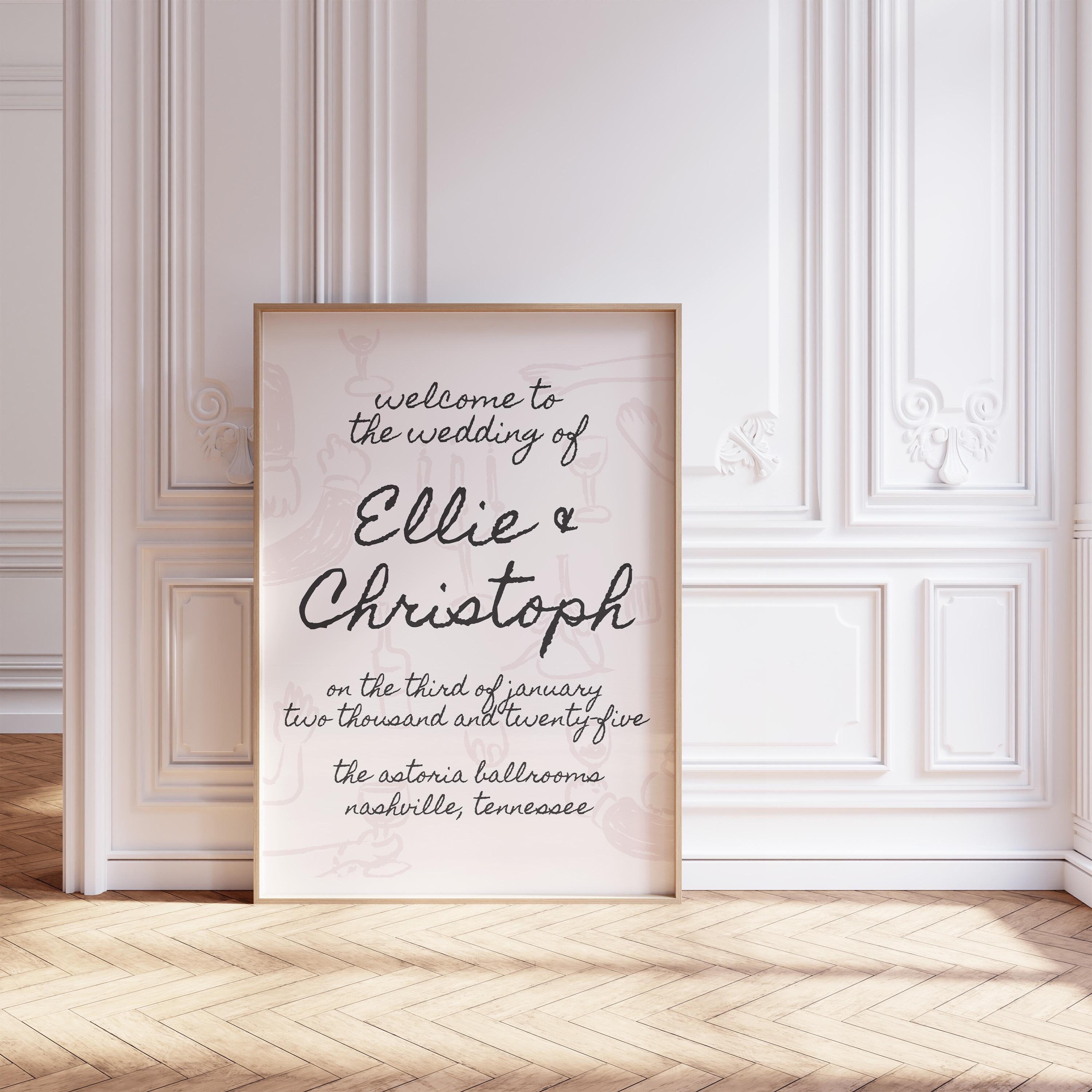 Spring Wedding Welcome Sign - Hand Drawn Pink White, Editable Canva - Etsy