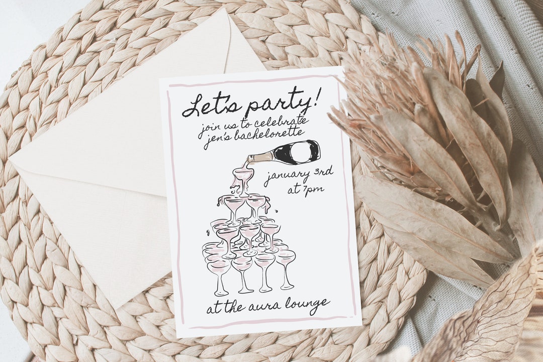 Hand Drawn Champagne Tower Bachelorette Party Invitation, Editable Hen ...