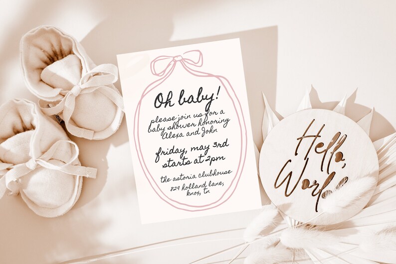 Hand Drawn Baby Shower Invitation Template, Oh Baby Invite, Pink Bow ...
