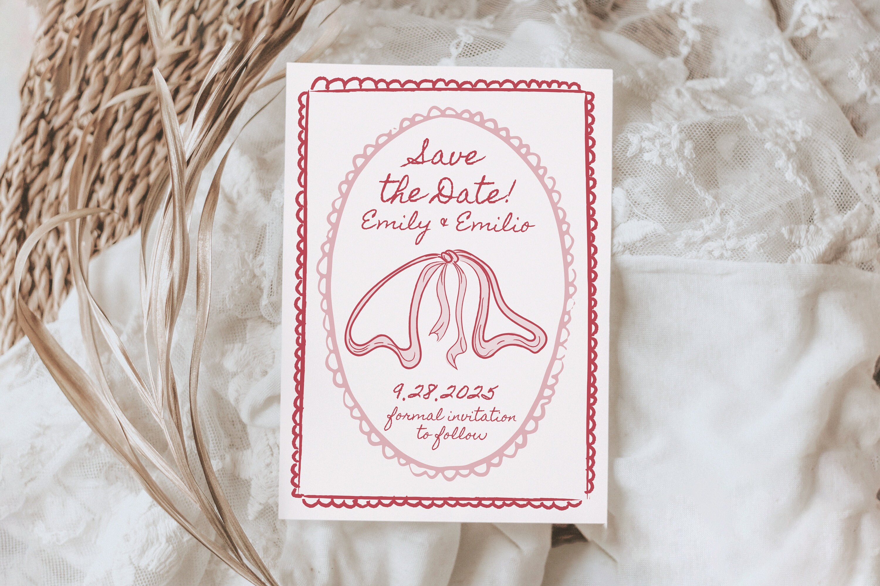 Coquette Save the Date Template: Hand-drawn Pink Ribbon, Lace Border - Etsy