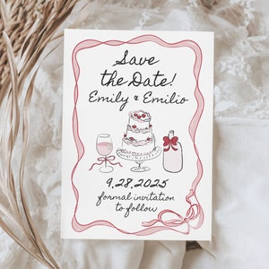 Hand Drawn Save the Date Template With Pink Ribbon Elegant Cherry ...