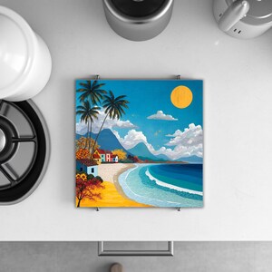 Tropical Coastal Ceramic Tile - Beach, Palm Trees, Sunset, Ocean ...