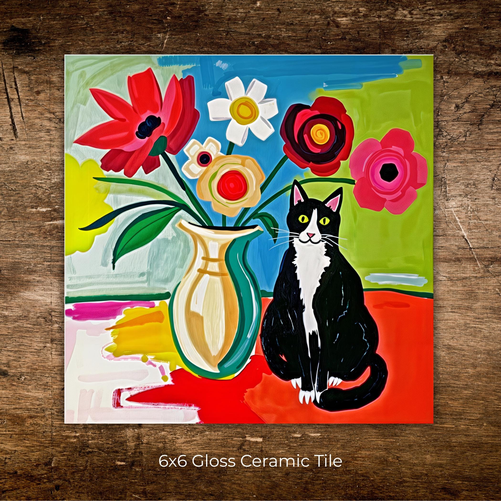 Tuxedo Cat Art Tile | Black White Cat | Matisse Inspired Cat | Cat Mom ...