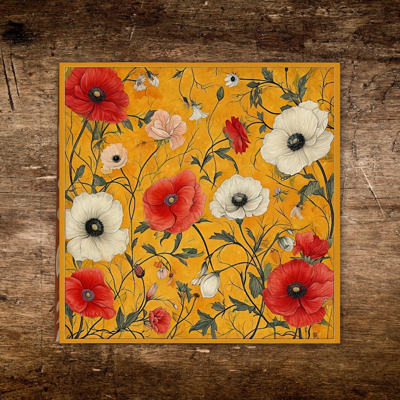 Art Nouveau Poppy Art Tile | Vintage Floral Ceramic Tile | Red White ...