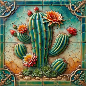 Desert Southwest Blooming Cactus Ceramic Art Tile | Southwestern Decor ...