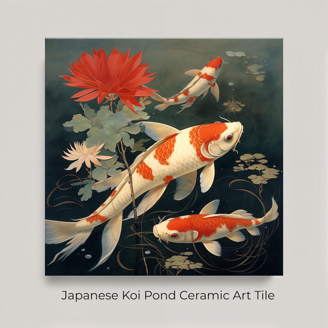 Koi Fish Art Tile | Japanese Koi Pond Tile | Water Lily Tile Art ...