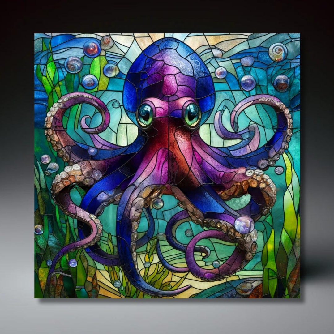 Octopus Stained Glass-look Ceramic Art Tile | Coastal Wall Art | Ocean ...