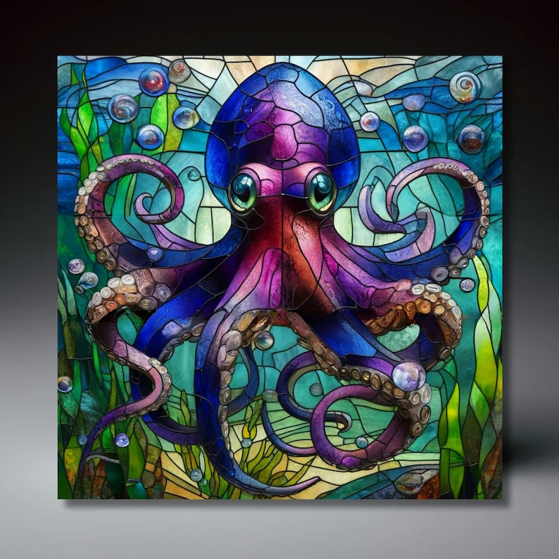 Octopus Stained Glass-look Ceramic Art Tile Coastal Wall Art Ocean Art ...