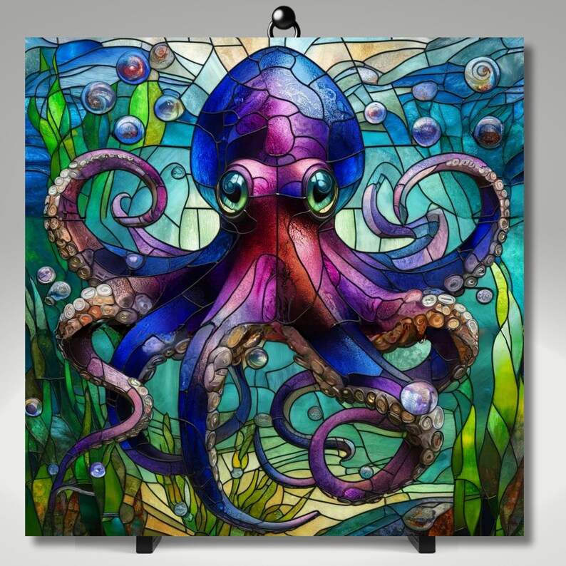 Octopus Stained Glass-look Ceramic Art Tile Coastal Wall Art Ocean Art ...