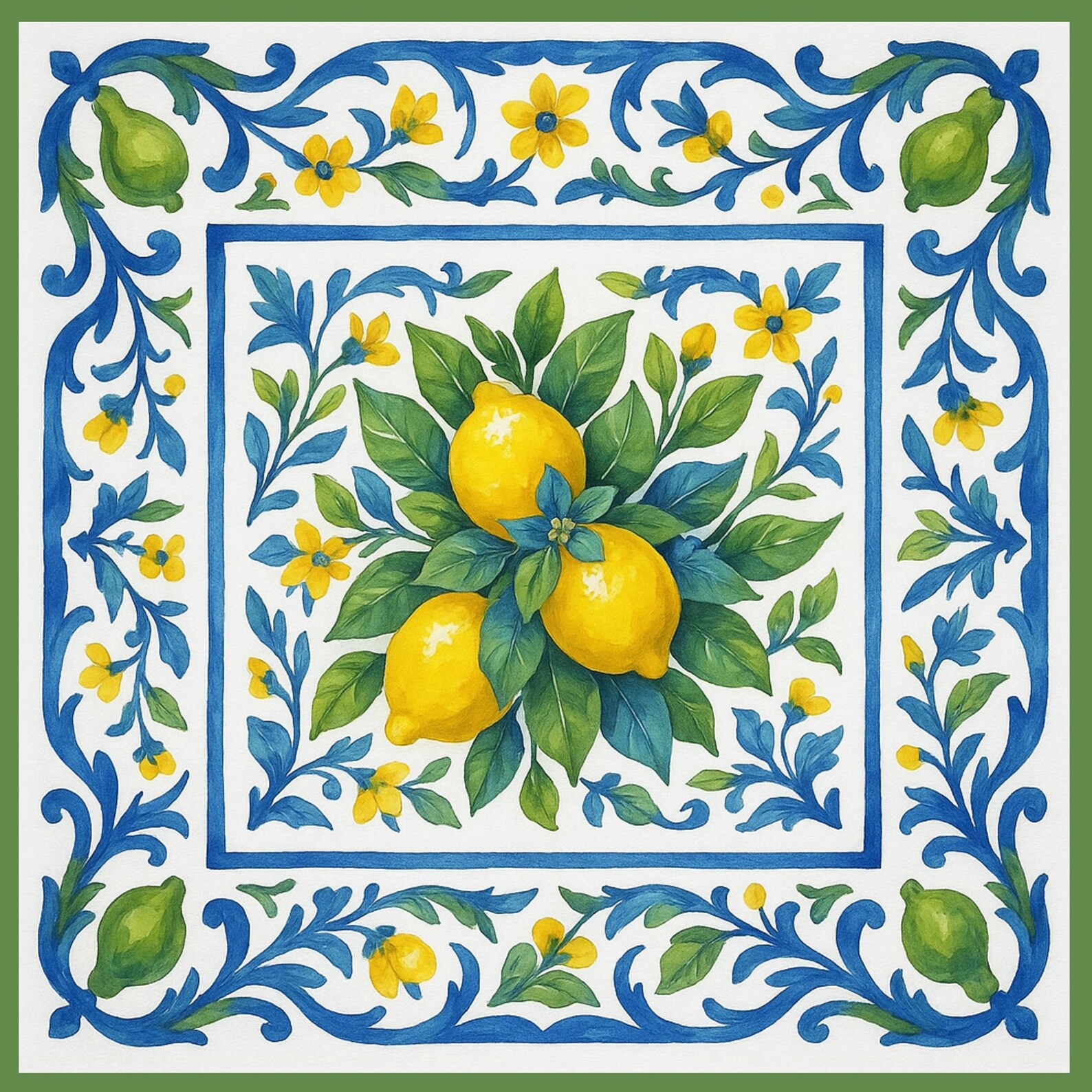 Italian Lemons Watercolor Deruta Style Ceramic Tile | Umbria Style Tile ...