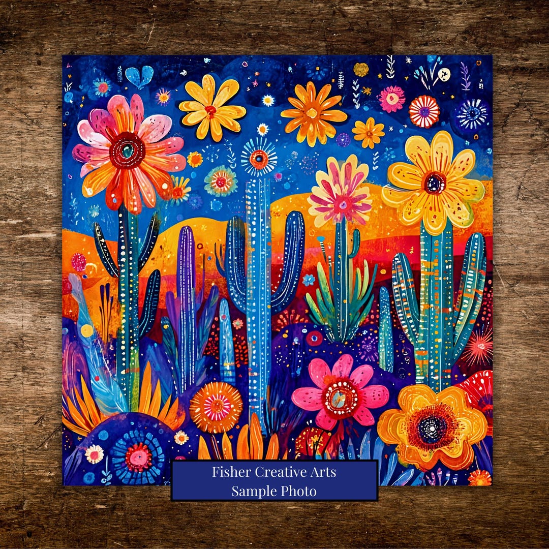 Folk Art Desert Cactus Ceramic Tile - Vibrant Southwest Wall Art ...