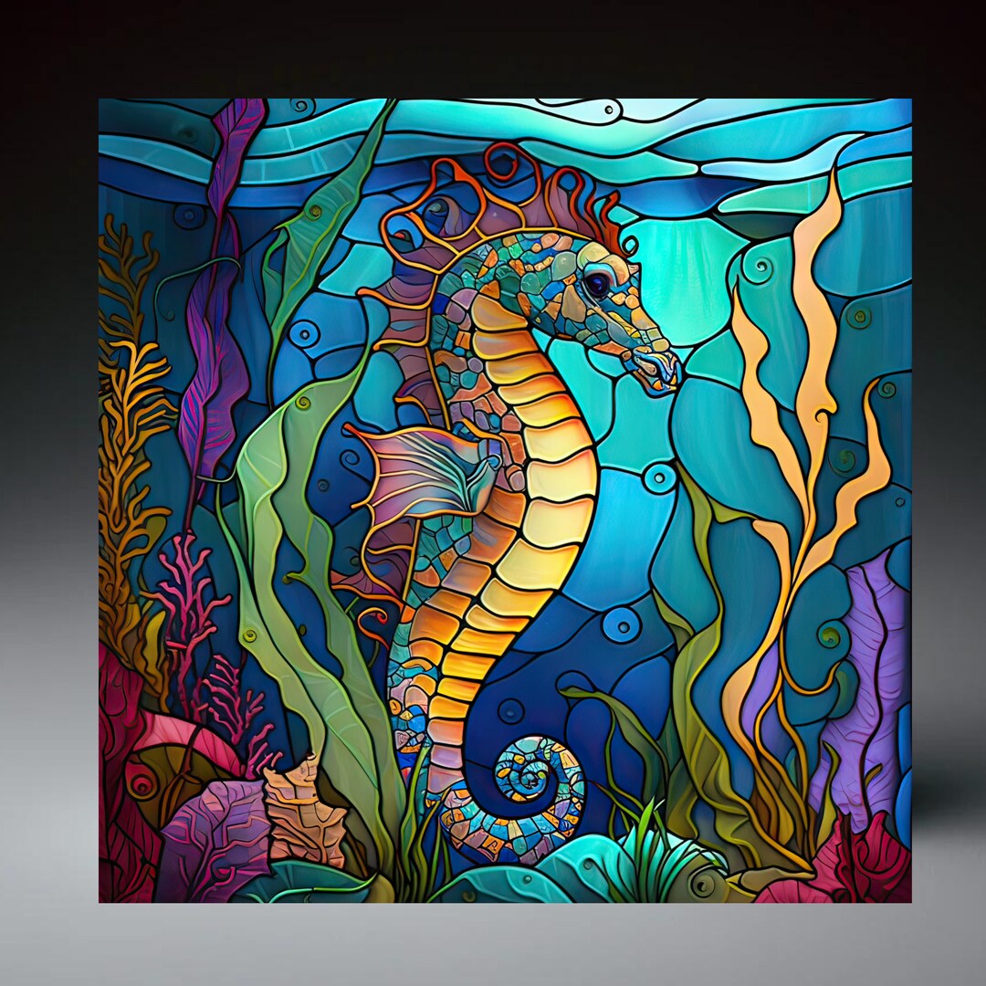 Seahorse Stained Glass-look Ceramic Art Tile | Coastal Wall Art | Ocean ...