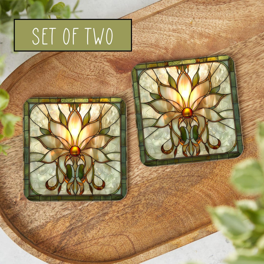 Stained Glass Look Lotus Flower Coaster Set: Ceramic Art Nouveau Style ...