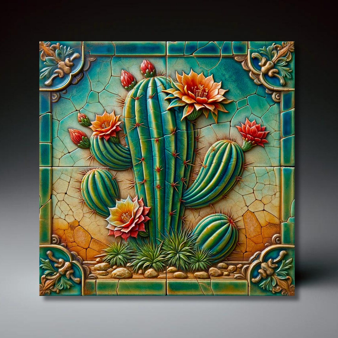 Desert Southwest Blooming Cactus Ceramic Art Tile | Southwestern Decor ...