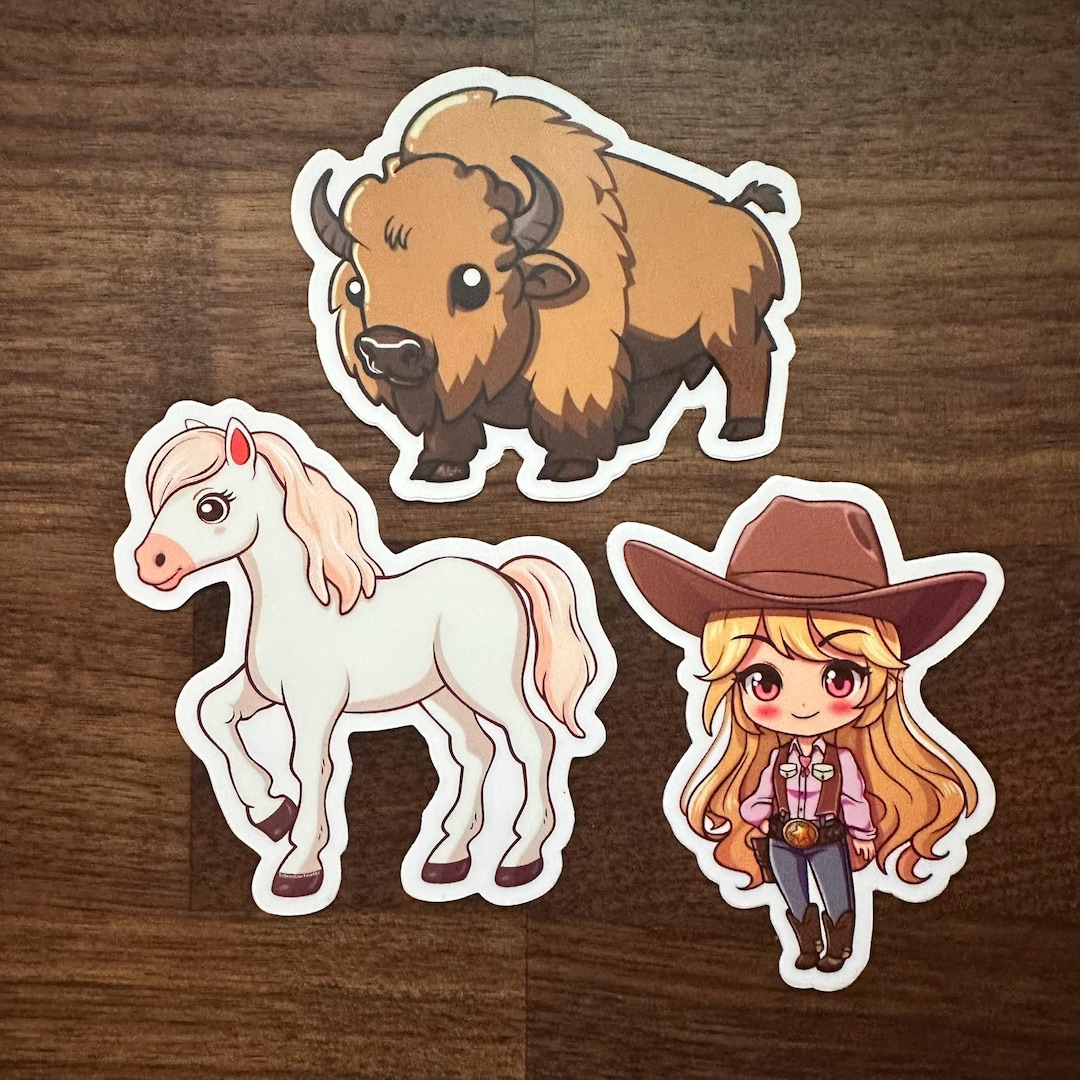 Western Sticker Pack - Bison, Horse, and Cowgirl - Cute Vinyl Stickers ...