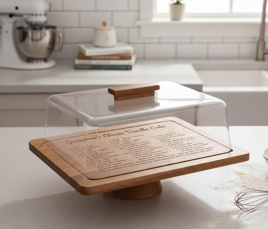 Personalized Acacia Rectangle Cake Stand With Acrylic Dome | Custom ...
