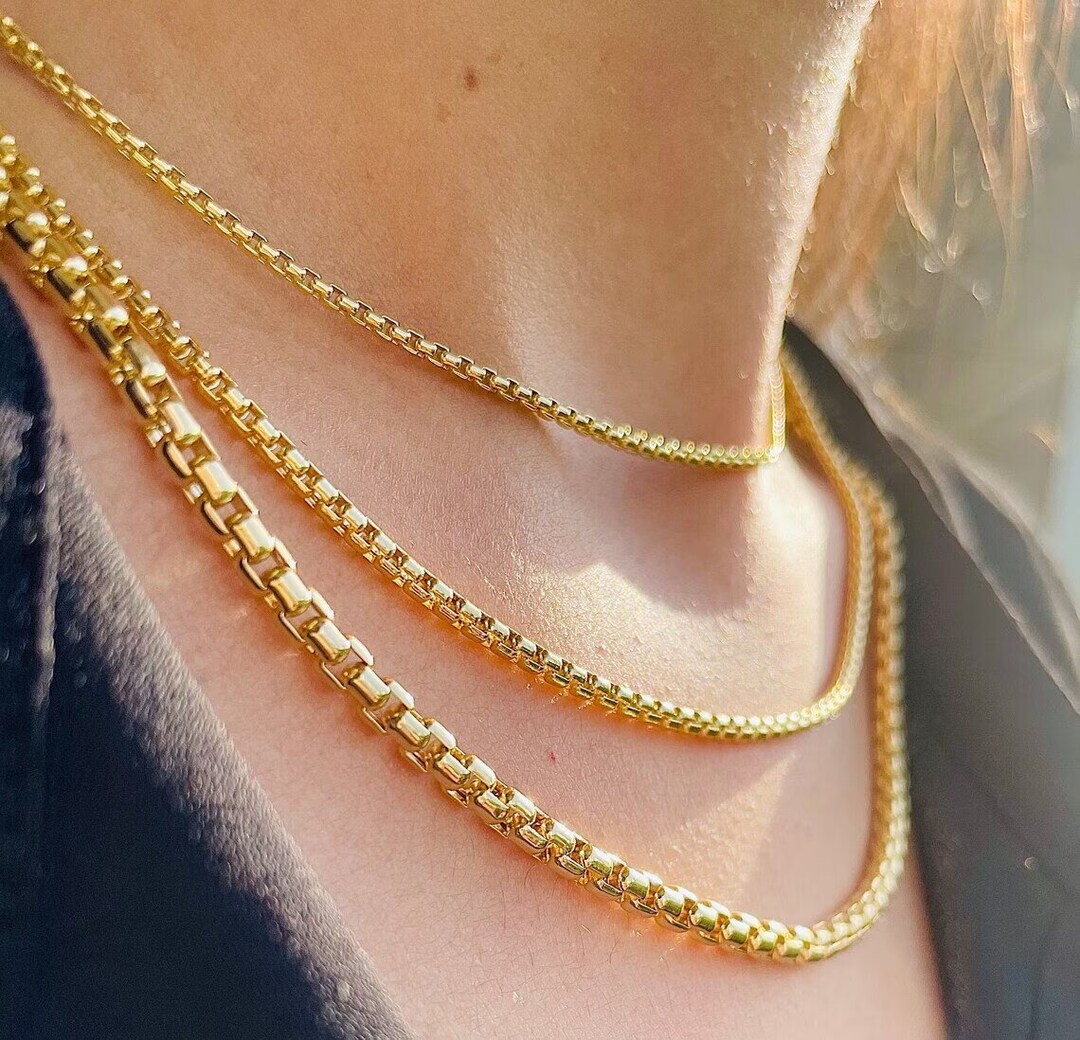 Solid 14K Gold Box Chain Necklace, GOLD Layering Box Chain, 2mm 3.5mm ...