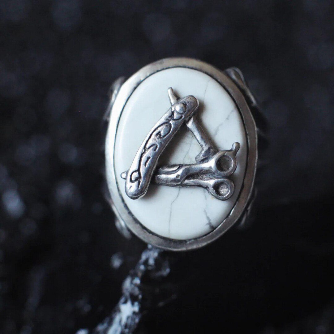 Vintage Barber Ring: Sterling Silver, Magnesite Stone, Gothic Razor ...