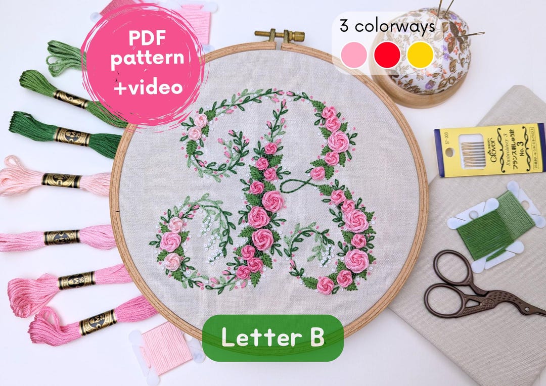 Monogram 'B' Embroidery PDF Pattern – Initial Embroidered for Handmade ...