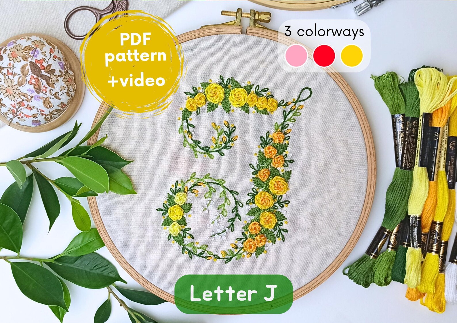 Letter 'J' Embroidery PDF Pattern - Monogram, Flower Initial, Hand ...