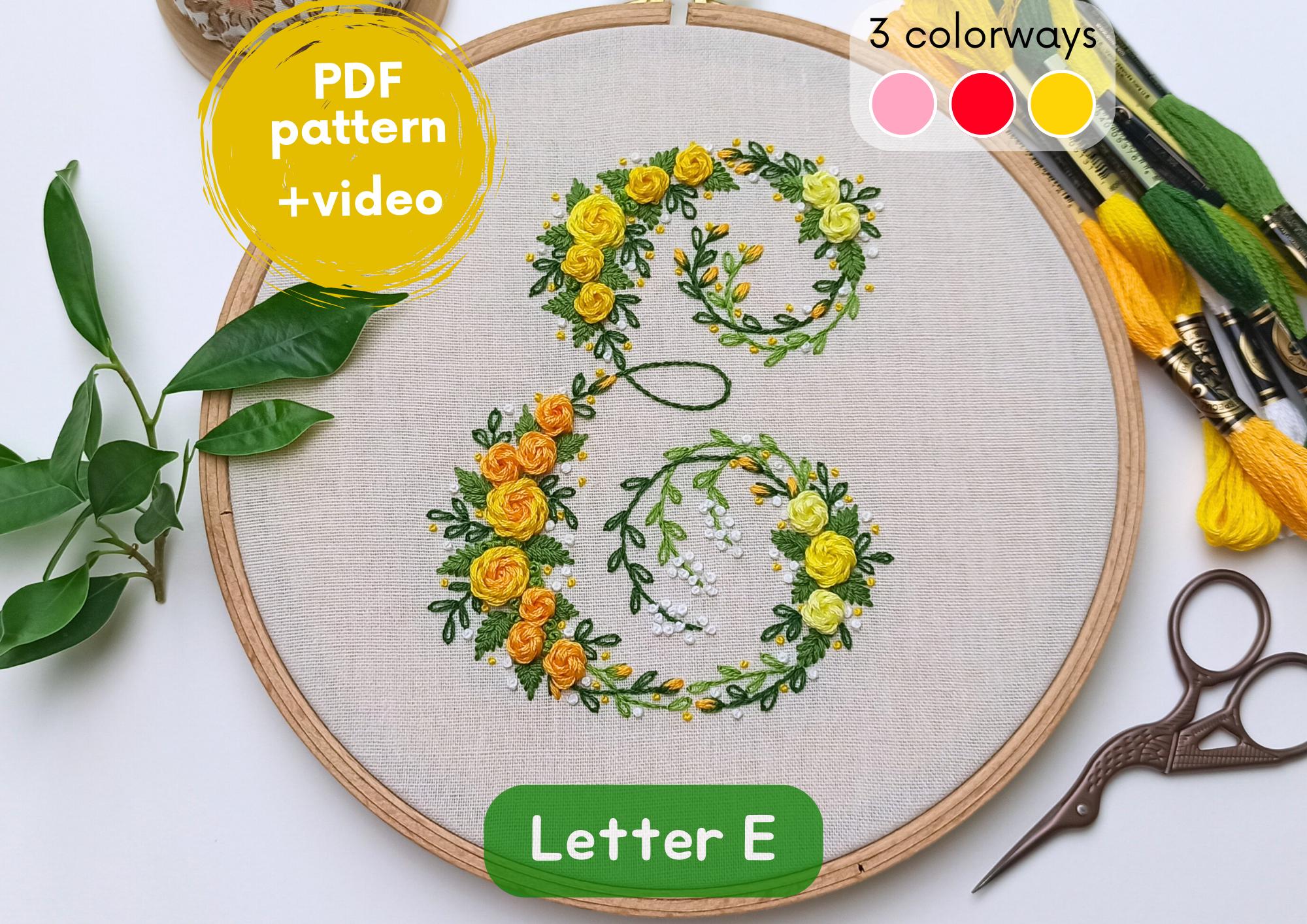 Monogram 'E' Embroidery PDF Pattern - Digital Embroidery Flower Design ...