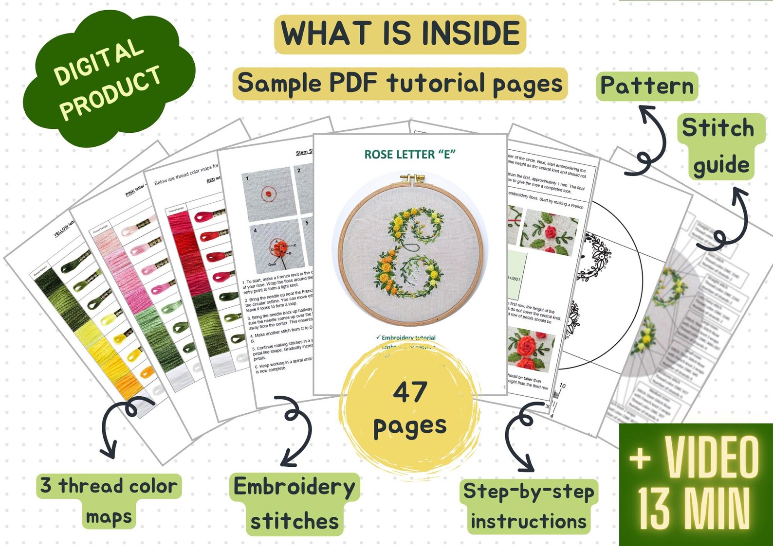 Monogram 'E' Embroidery PDF Pattern - Digital Embroidery Flower Design ...