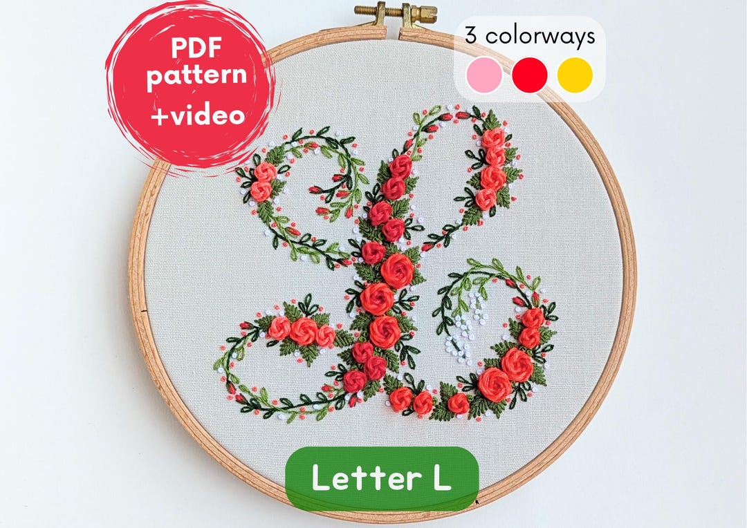 Letter 'L' Embroidery Pattern PDF Tutorial - Embroidery Design Monogram ...