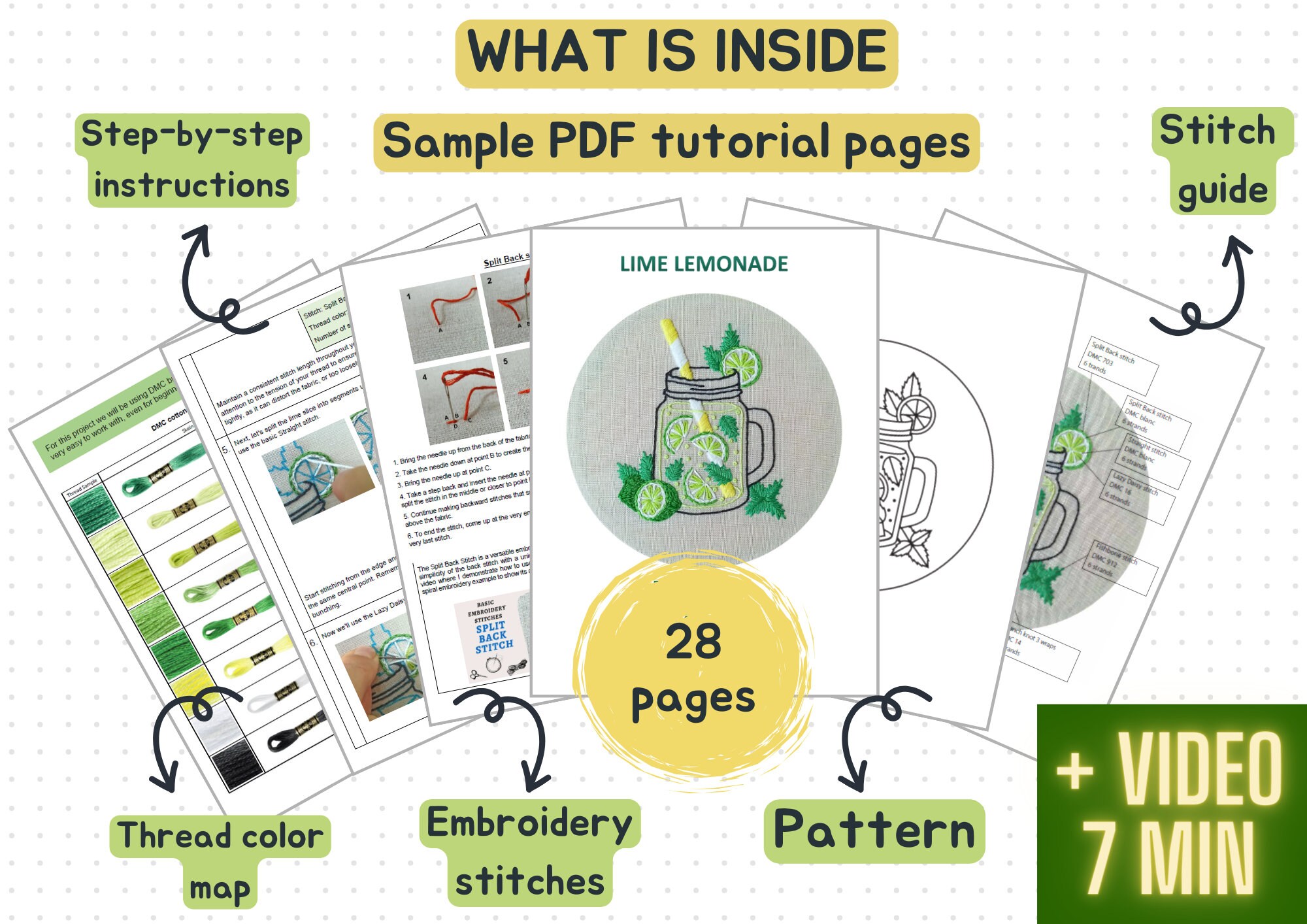 Embroidery Lime Lemonade Pdf-pattern - Limeade Embroidery Design Summer Drink Embroidered Citrus ...