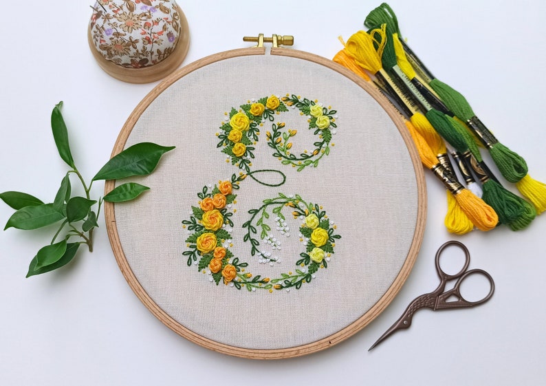 Monogram 'E' Embroidery PDF Pattern - Digital Embroidery Flower Design ...