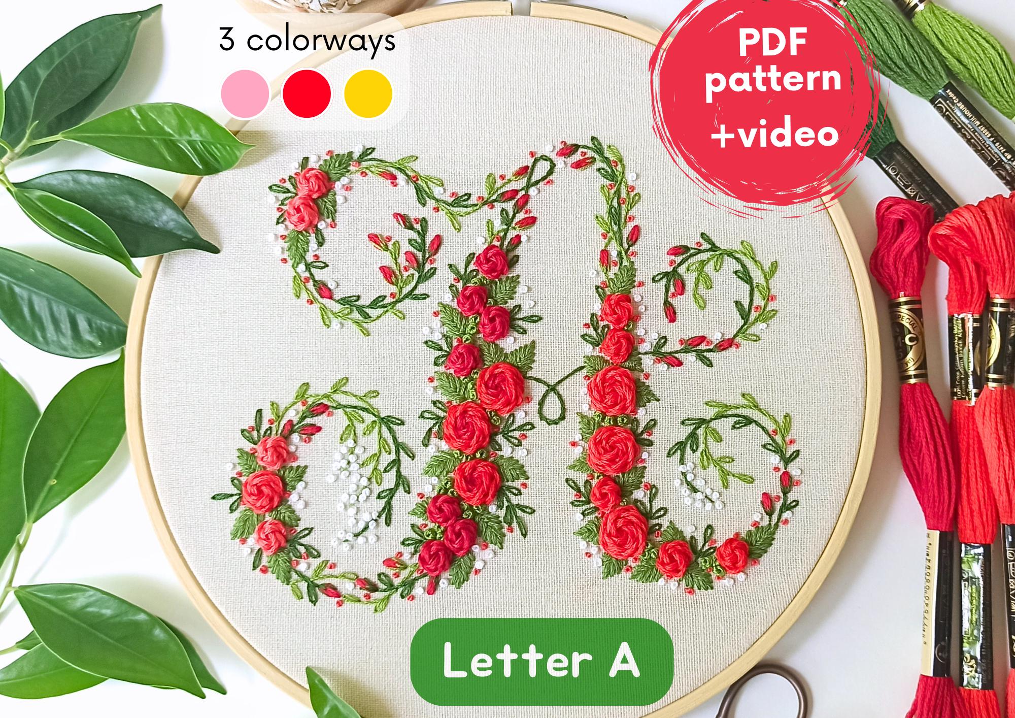 Embroidery Letter ‘A’ PDF Pattern – Rose Monogram Design, Floral ...