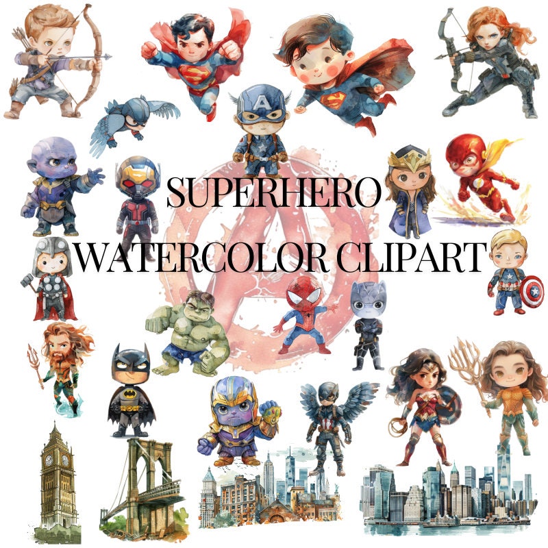 Superhero Watercolor Clipart Bundle - 99 Pngs, 300 DPI, Digital ...