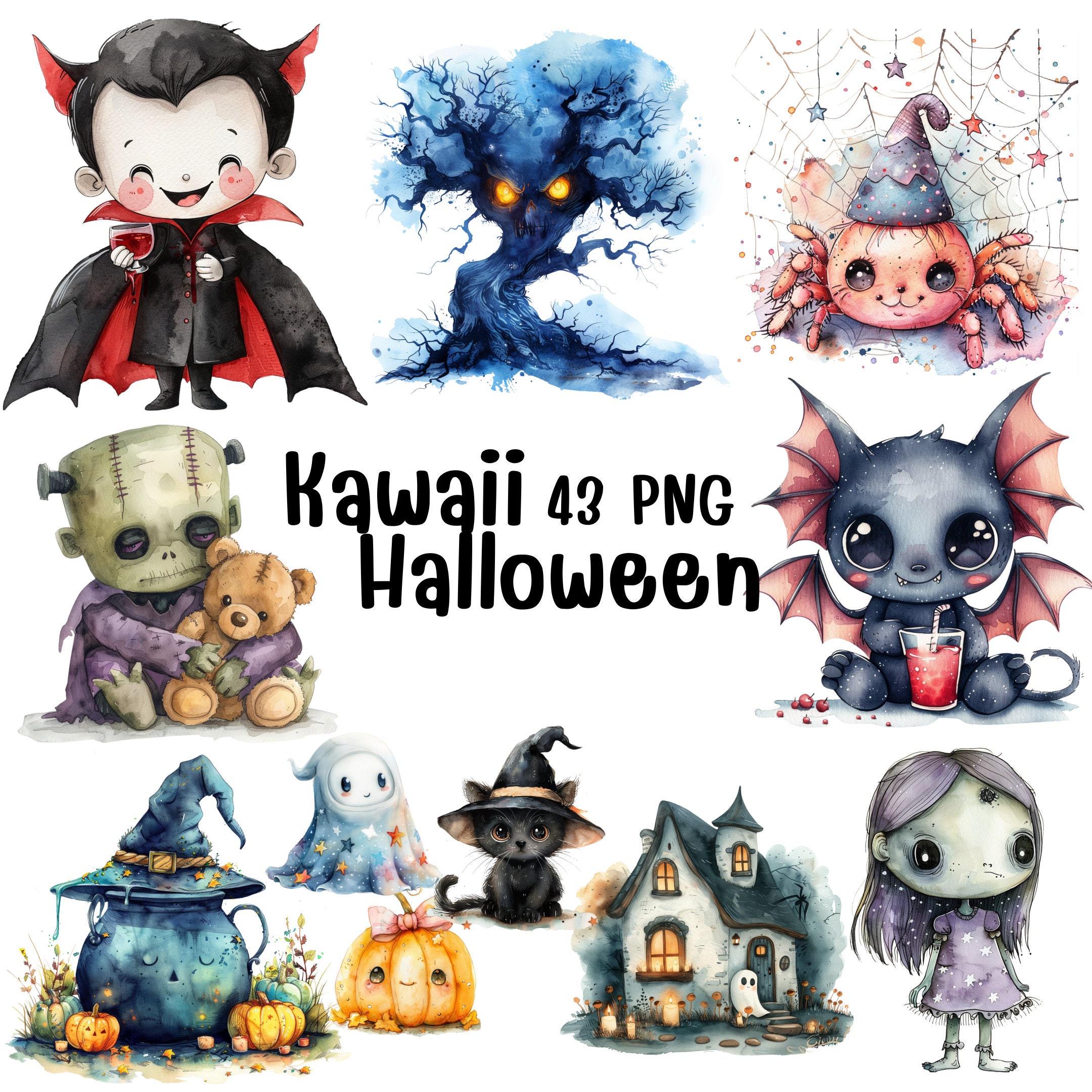 Kawaii Halloween Watercolor Clipart 43 PNG Files Cute Halloween ...