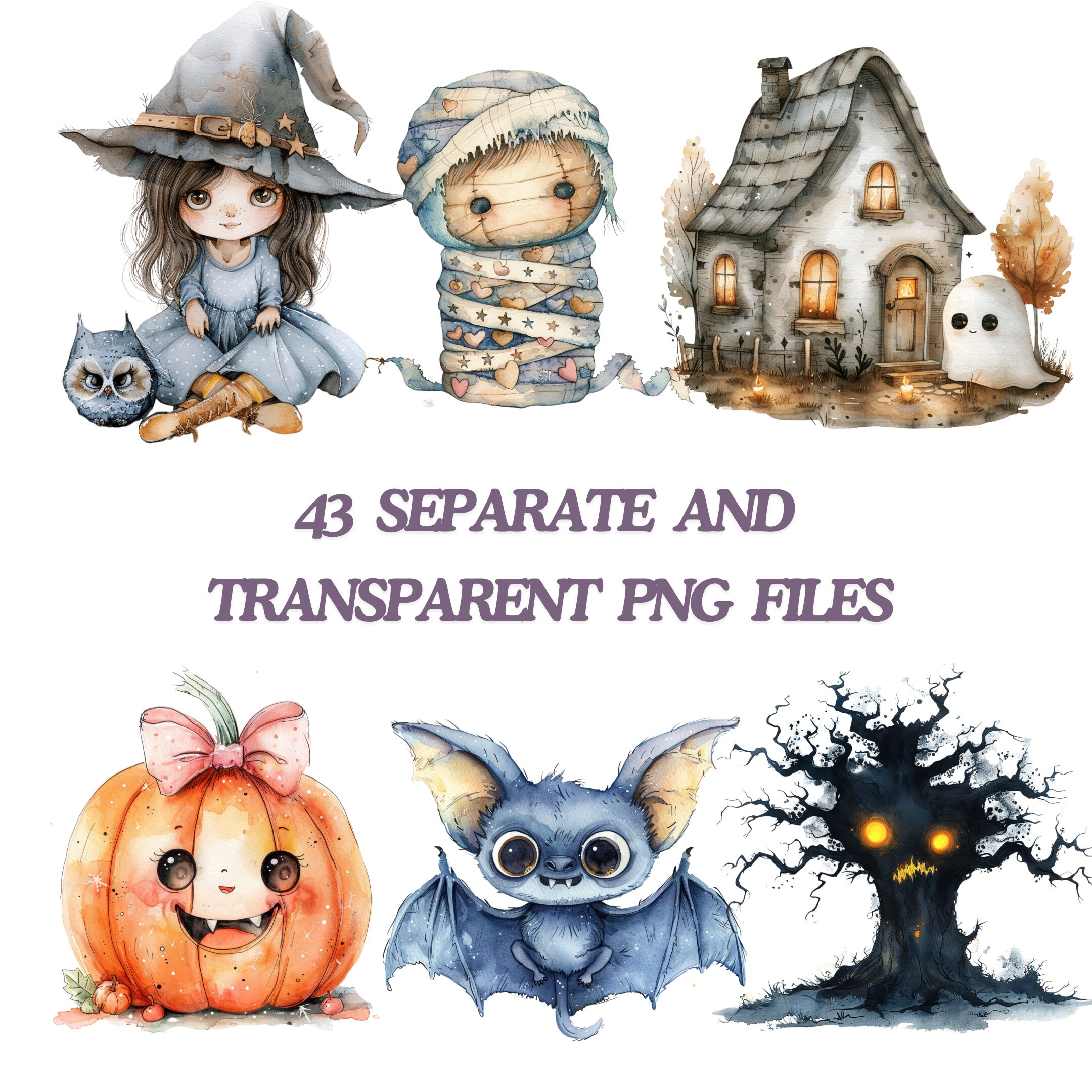 Kawaii Halloween Watercolor Clipart 43 PNG Files Cute Halloween ...