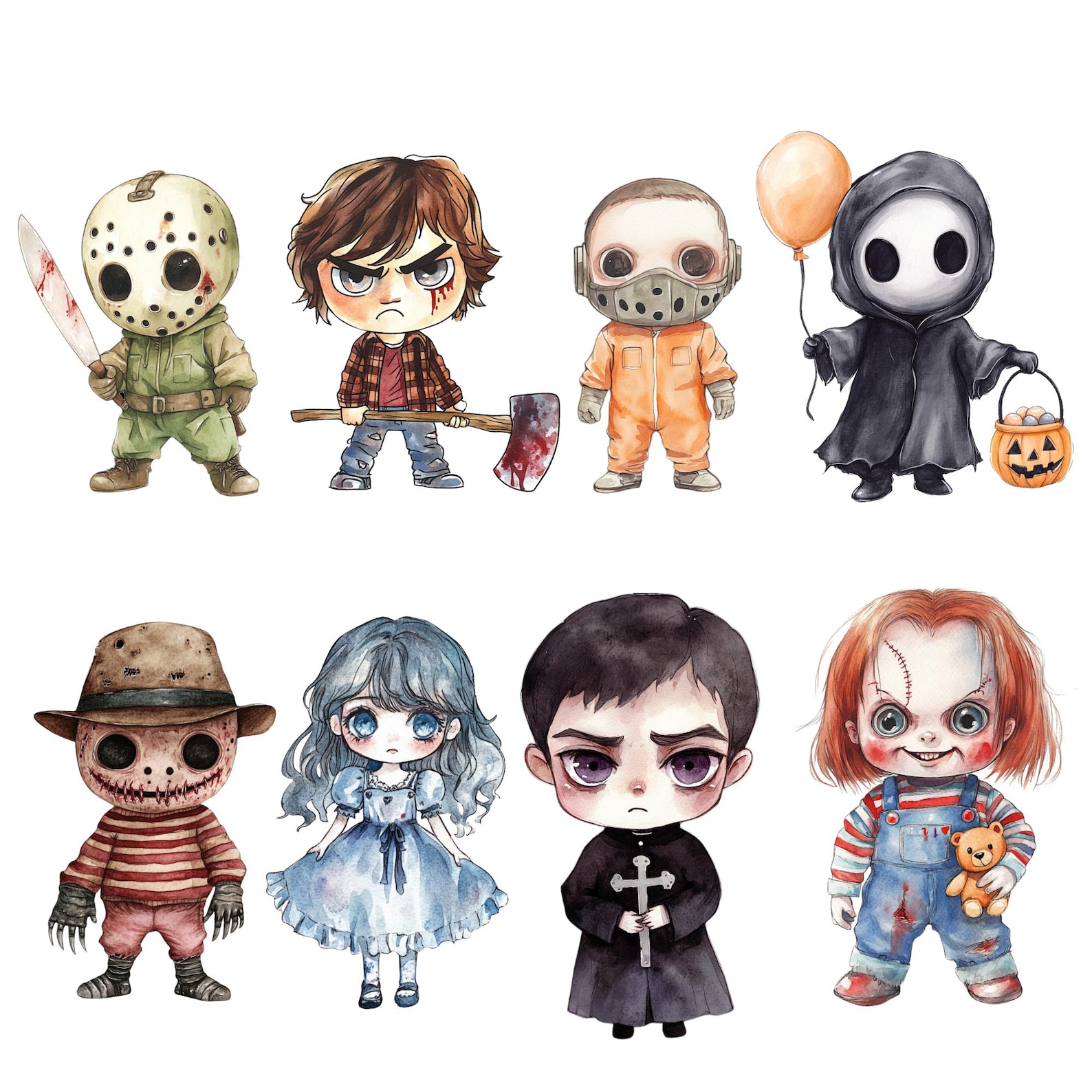 31 Cute Chibi Horror Movie Characters Clipart - Halloween PNG, Digital ...