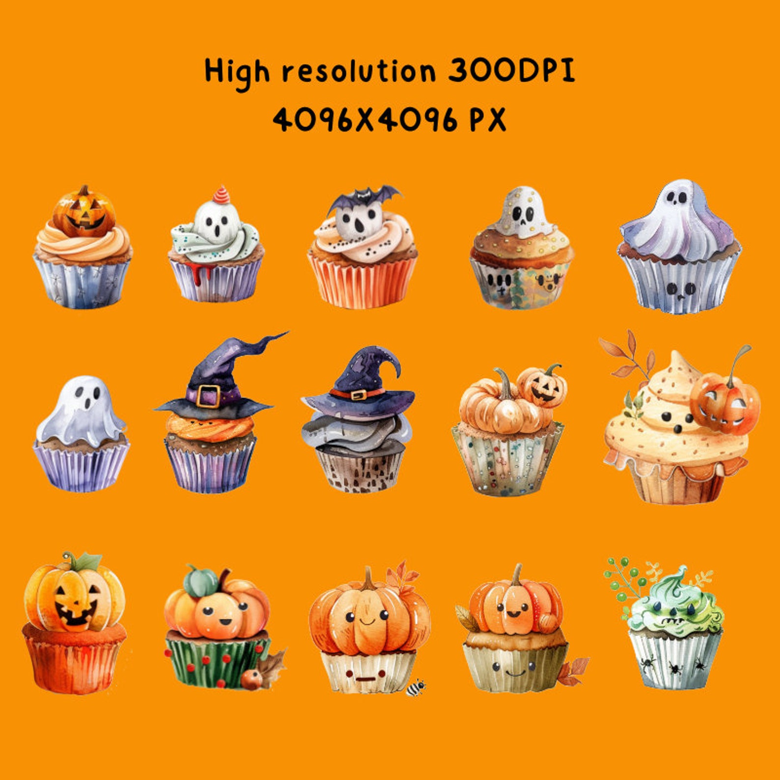 Halloween Cupcake Clipart Set | Watercolor Clipart | 30 PNG 300DPI ...