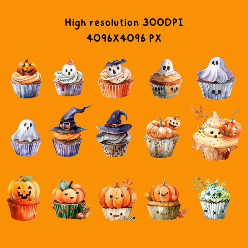 Halloween Cupcake Clipart Set | Watercolor Clipart | 30 PNG 300DPI ...