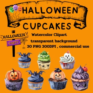 Halloween Cupcake Clipart Set | Watercolor Clipart | 30 PNG 300DPI ...