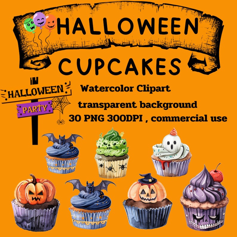 Halloween Cupcake Clipart Set | Watercolor Clipart | 30 PNG 300DPI ...