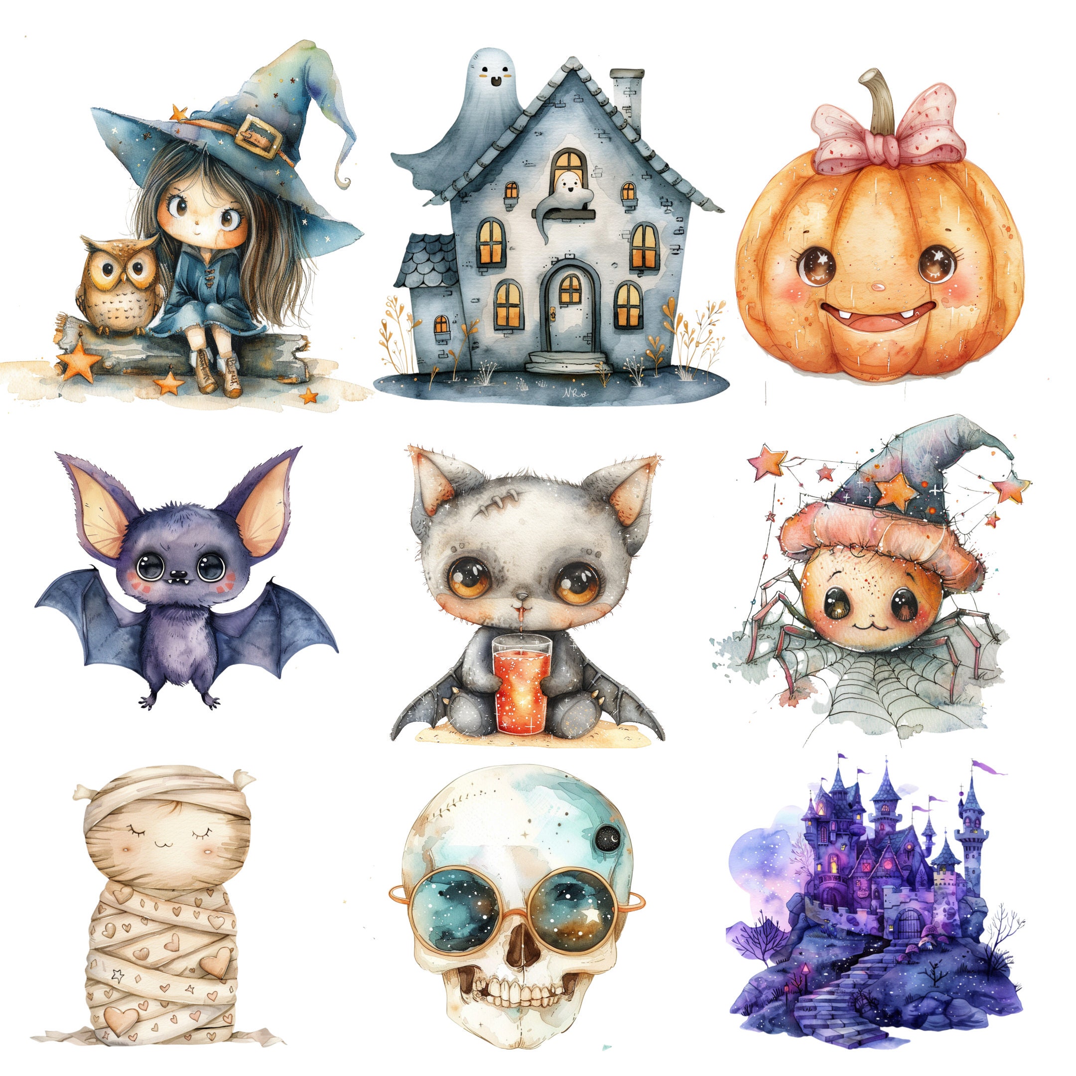 Kawaii Halloween Watercolor Clipart 43 PNG Files Cute Halloween ...