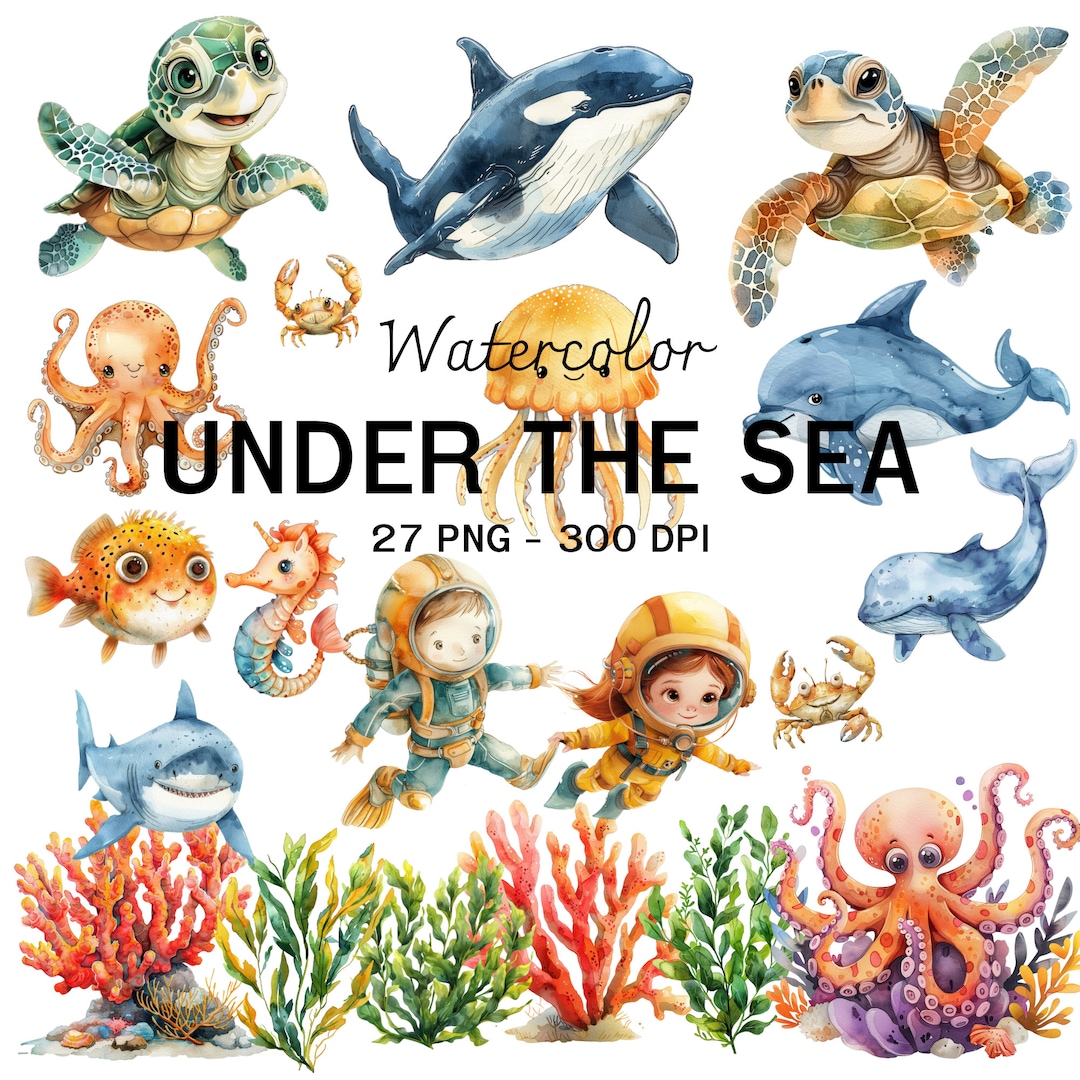 Watercolor Sea Creatures Clipart,watercolor Under the Sea Clipart for ...